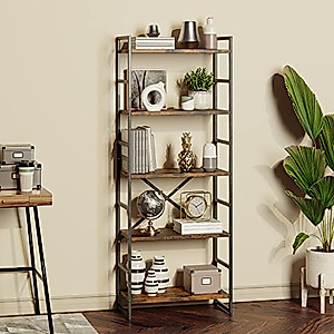 Shintenchi 5 Tiers Bookshelf, Classically Tall Bookcase Shelf, Industrial Book Rack, Modern Book Holder in Bedroom/Living Room/Home/Office, Storage Rack Shelves for Books/Movies-Rustic Brown