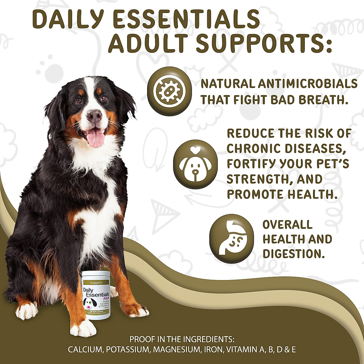 waggedy Daily Essentials Adult Soft Chews — Dog Multivitamin & Immune System Supporter — Dog Nutritional Supplement — Small/Large Dog Supplements & Vitamins (60 Chews)