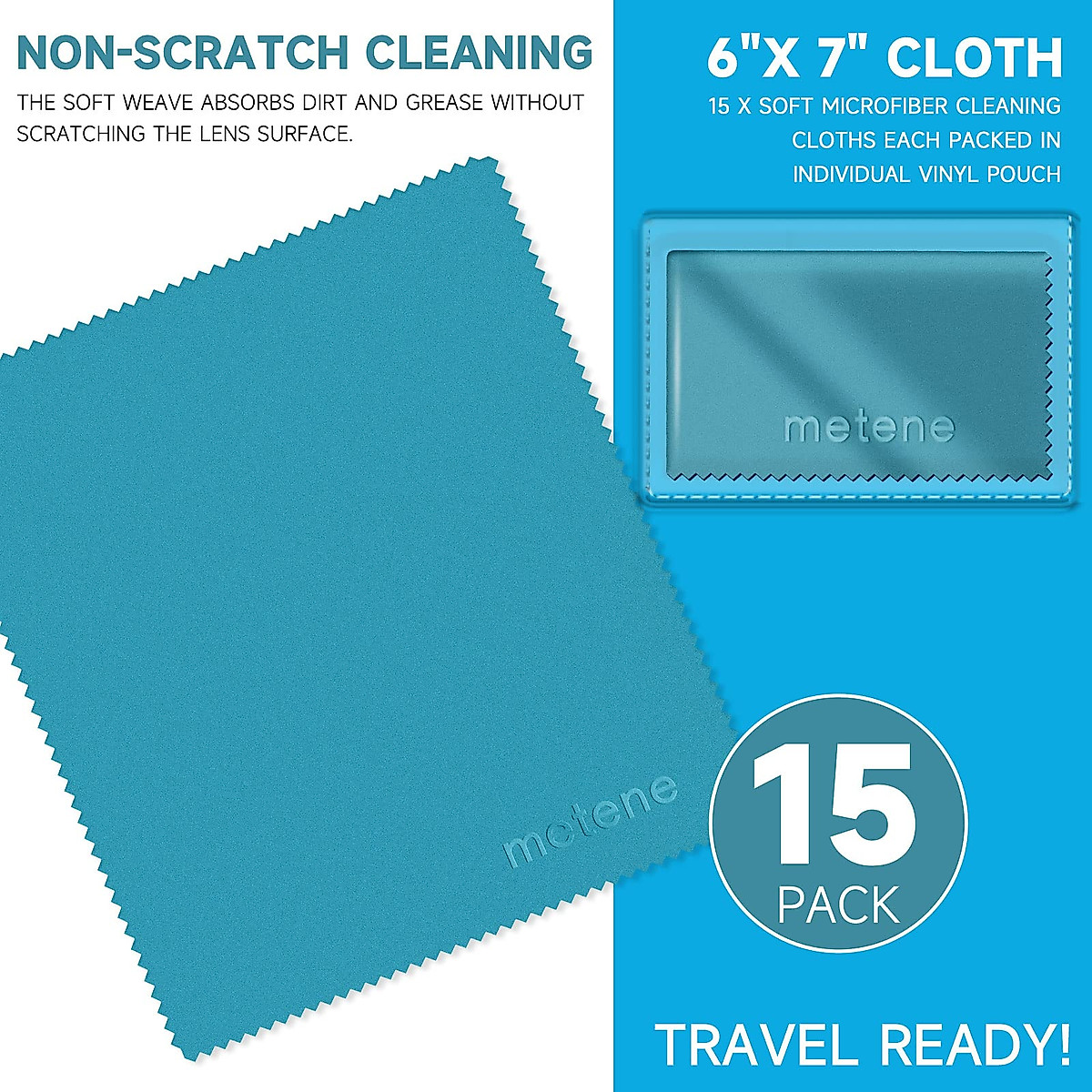 Metene 15 Pack Microfiber Cleaning Cloths (6"x7") in Individual Vinyl Pouches | Glasses Cleaning Cloth for Eyeglasses, Phone, Screens, Camera Lens and Other Delicate Surfaces Cleaner (Blue)