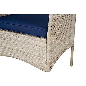 BTEXPERT Outdoor Wicker Conversation 3 Piece Bistro Set Garden Patio Yard Porch Furniture Space Saving Pe Rattan 2 Chairs Cushions Side Storage Glass Table Stone Gray/Navy Blue 3pc