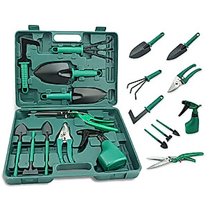 KENNEDICH Garden Tools Set，Stainless Steel Garden Planting Tools Kit with Green Carrying Case, Ideal Gardening Gift (10 PCS )