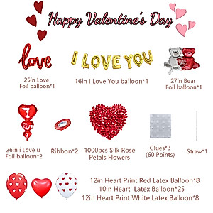 Valentines Day Balloons Decorations I Love You Balloons and Heart Balloons Kit with 1000Pcs Red Silk Rose Petals Flower Decoration Love-Bear Heart Print Balloons Banner for Valentine Party Decorations
