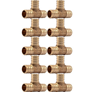SharkBite 3/4 Inch Crimp Tee, Pack of 10, Brass Plumbing Fitting, PEX Pipe, PE-RT, UC370LFA10