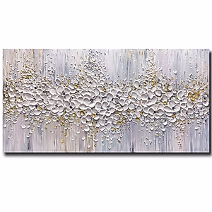 ART8YUQI Paintings - Contemporary Abstract Art Oil Painting On Canvas Texture 3D White Flower painting Handmade Artwork Picture Canvas Wall Art Modern Home Decor living room Ready to Hang 24x48inch