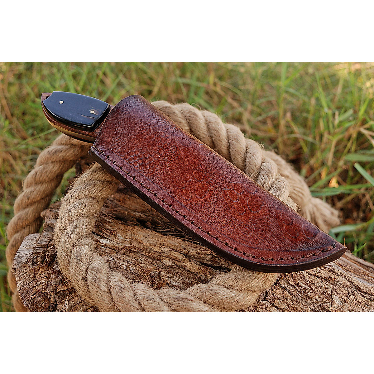 TMBrands Damascus Hunting Knife, Fixed Blade Knife & Camping Knife with Rose Wood & Buffalo Horn Handle & Knife Sheath