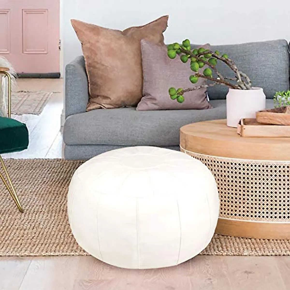 zefen Unstuffed Pouf Foot Stool Round Decorative Leather Ottoman Cushion Storage seat or for Resting Your Feet on, Floor Chair Foot Living Room Bedroom Kids Room and Wedding (White)