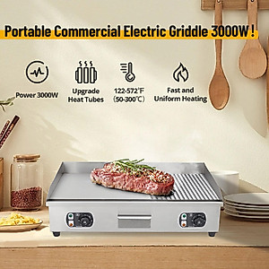 GARVEE 29" Commercial Electric Griddle, 110V, 3000W Resterant Countertop Griddle, Stainless Steel Half Grooved/Flat Top Grill with Adjustable Temperature Control 122°F-572°F(NO PLUG)