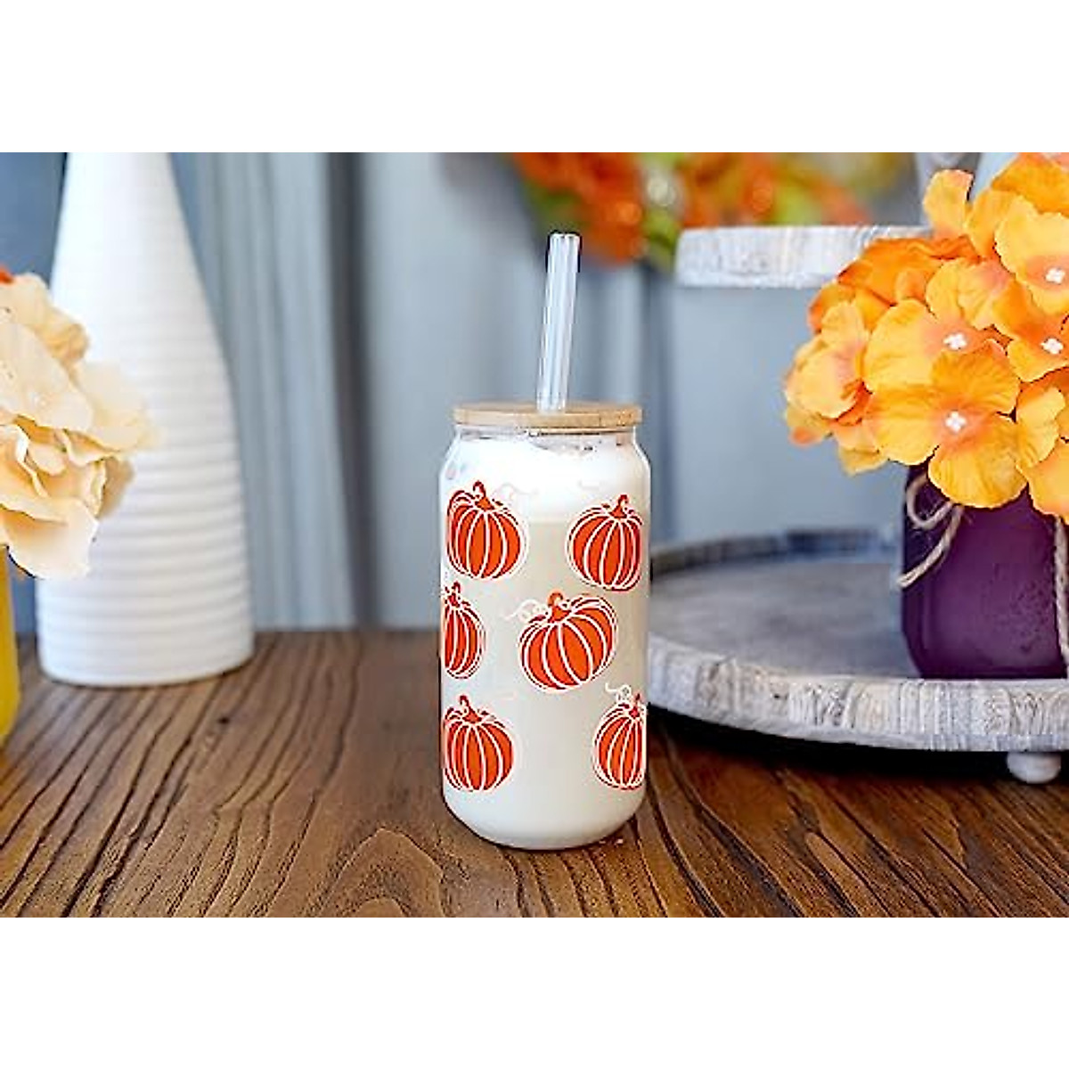 ANOTION Fall Coffee Cups - Fall Decor Pumpkin Mug Fall Coffee Mug Iced Coffee Cups Unique Autumn Decor Pumpkin Decorations Thanksgiving Tumbler Fall Wedding Tumbler Can Shaped Fall Cups - 18oz