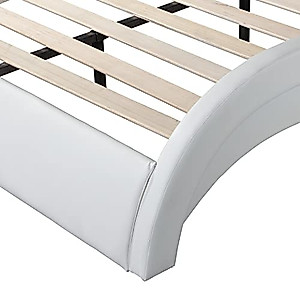 Upholstered LED Bed Frame, King Size Smart LED Platform Bed Frame with Curve Design and Headboard, Wooden Slats Support, No Box Spring Needed, White