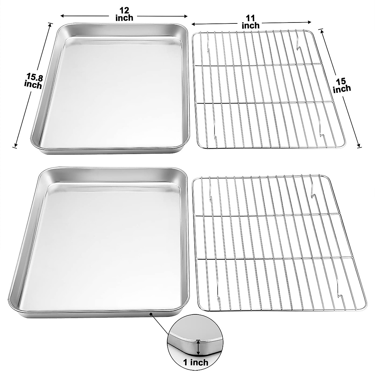 TeamFar Baking Sheet with Rack Set (2 Pans + 2 Racks), Stainless Steel Baking Pan Cookie Sheet with Cooling Rack, Non Toxic & Healthy, Easy Clean & Dishwasher Safe - 4 Pack
