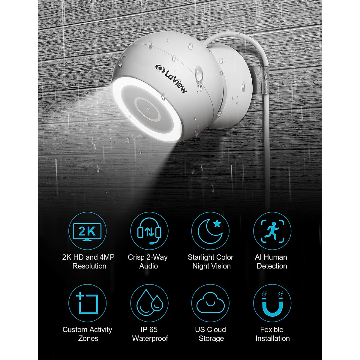 LaView 4MP 2K Security Cameras Outdoor Indoor Wired,IP65, Starlight Sensor & 100 Ft Night Vision,Motion/Person Detection,2-Way Audio/Spotlight,US Cloud,Compatible With Alexa,iOS & Android & Web Access