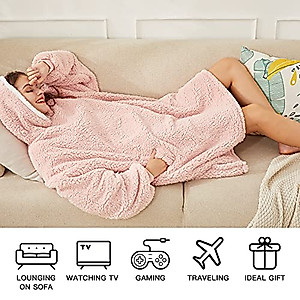 LetsFunny Oversized Blanket Sweatshirt, Plush Wearable Blanket with Pocket, Super Warm Cozy Sweatshirt Hooded Blanket for Adult Women Men Teens, One Size Fits All (Light Pink, Adult)
