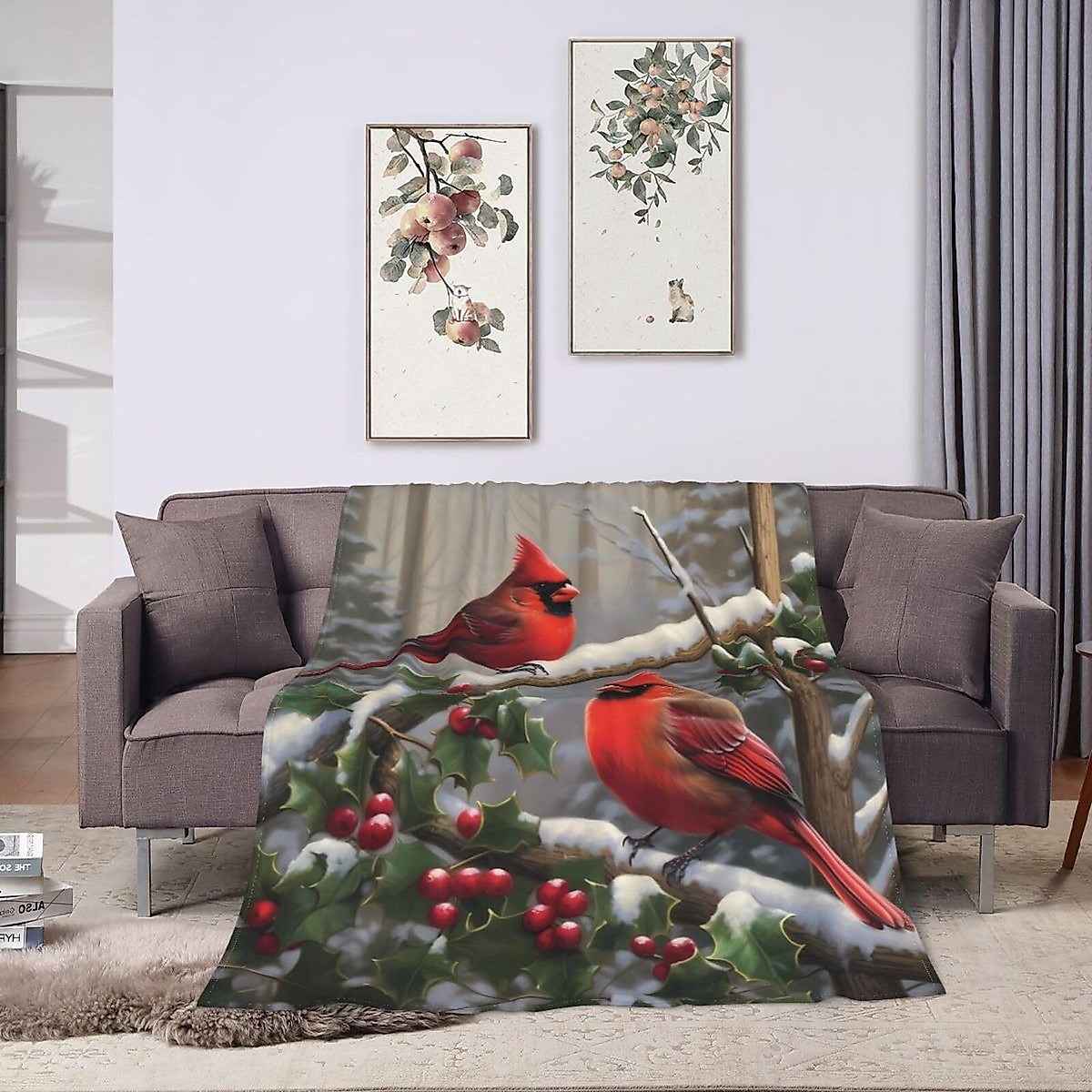 Red Birds Ultra-Soft Fleece Throw Blankets, Christmas Blanket for Bed Couch Sofa, All Seasons Home Camper Travel 60"x50"