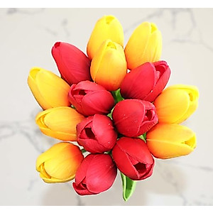 Ooki 15pc Multi Color Real Touch Latex Tulip Bundle Artificial Flower Home Wedding Baby Bridal Garden Decor Decorations DIY Scrapbook Craft Tulips Mixed Centerpiece (Red and Yellow)