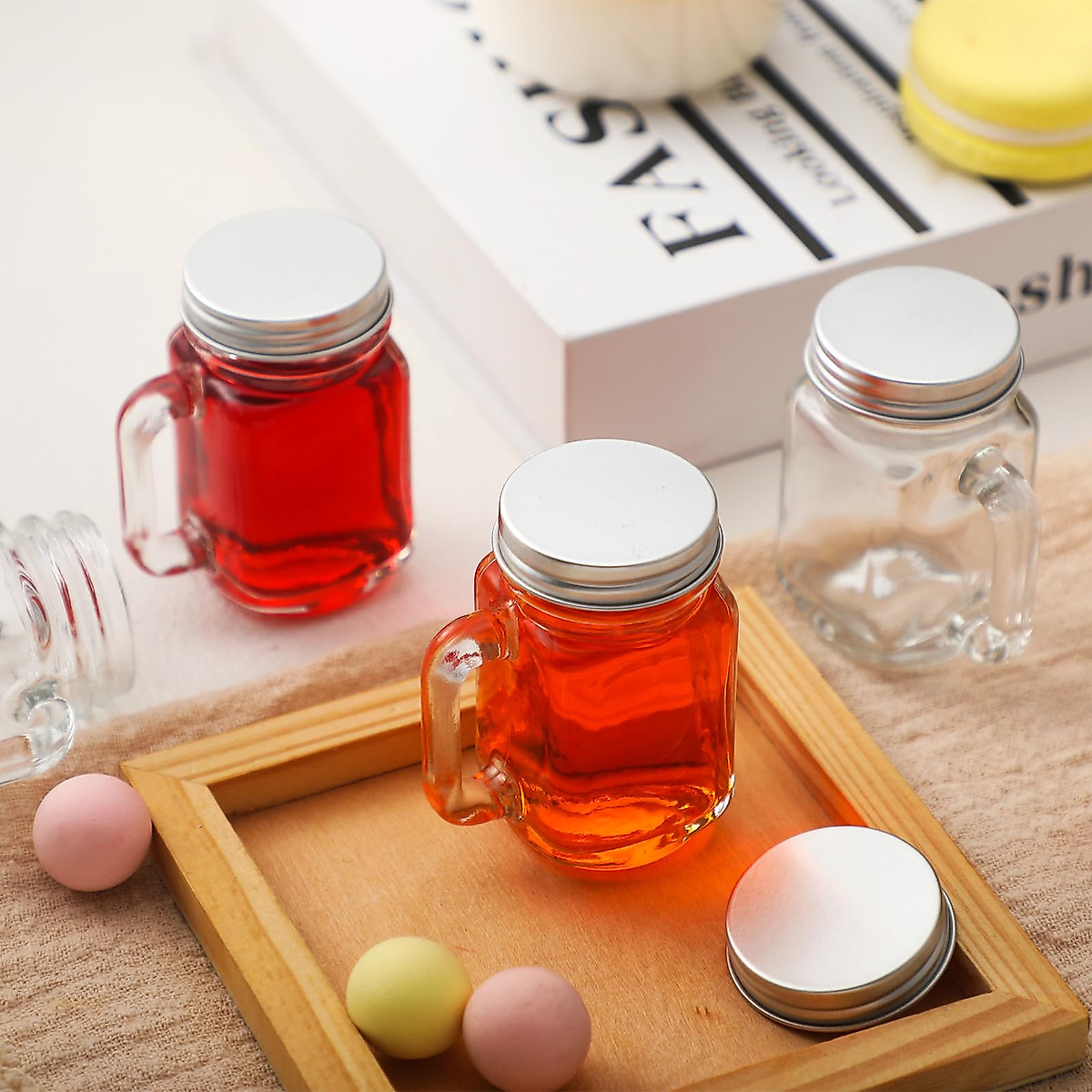 Mifoci 100 Pieces 1 oz Mini Mason Jar Drinking Glasses with Lids Mason Jar Cups Mason Jar Mugs with Handles Mason Jar Shot Glasses Set for Home Picnic Party