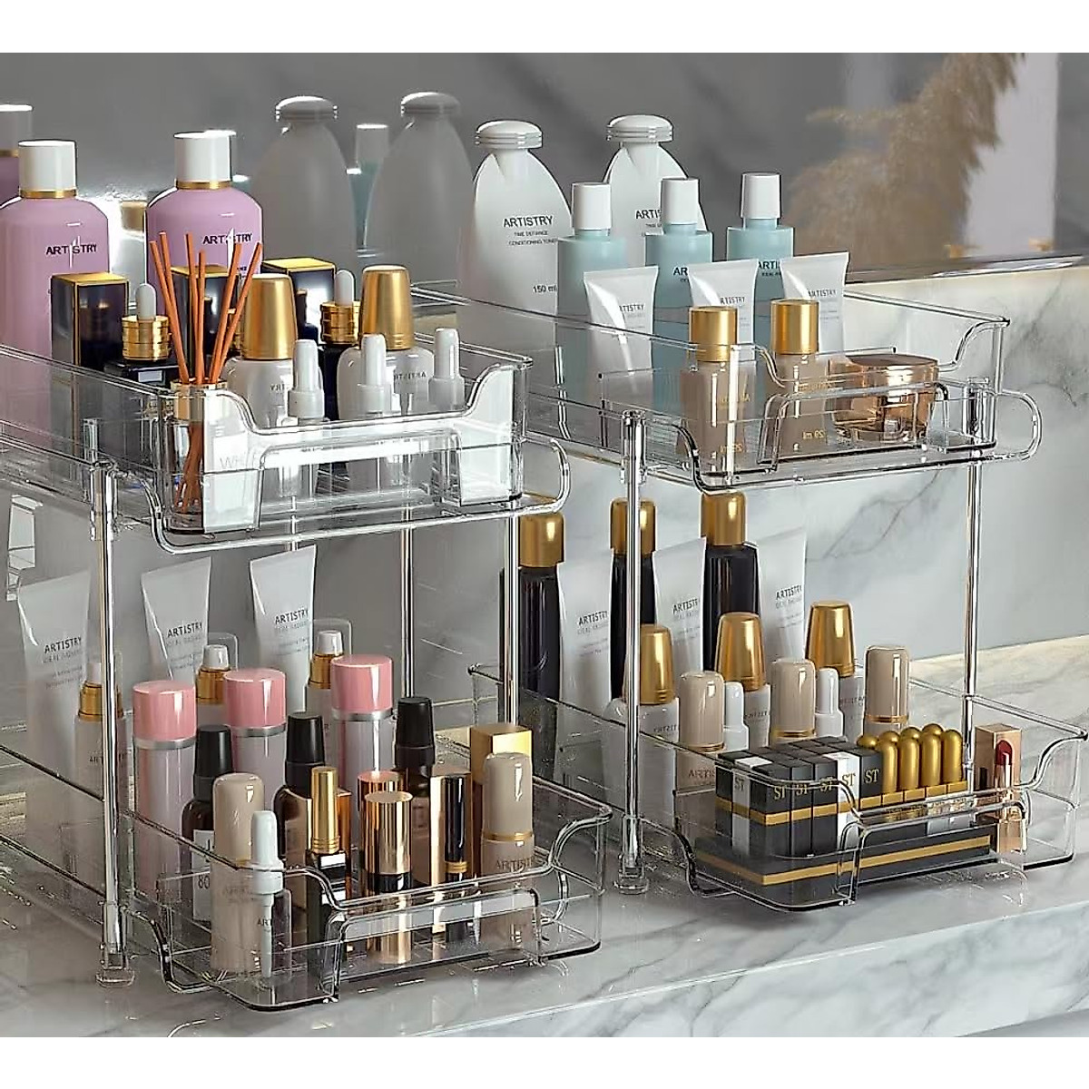 RIGEDNEF 2 Tier Clear Bathroom Organizer with Dividers, Under Sink Organizer and Storage, Slide-Out Medicine Cabinet organizer, Kitchen Pantry Storage, Bathroom Vanity Counter Organizer, 2 Pack