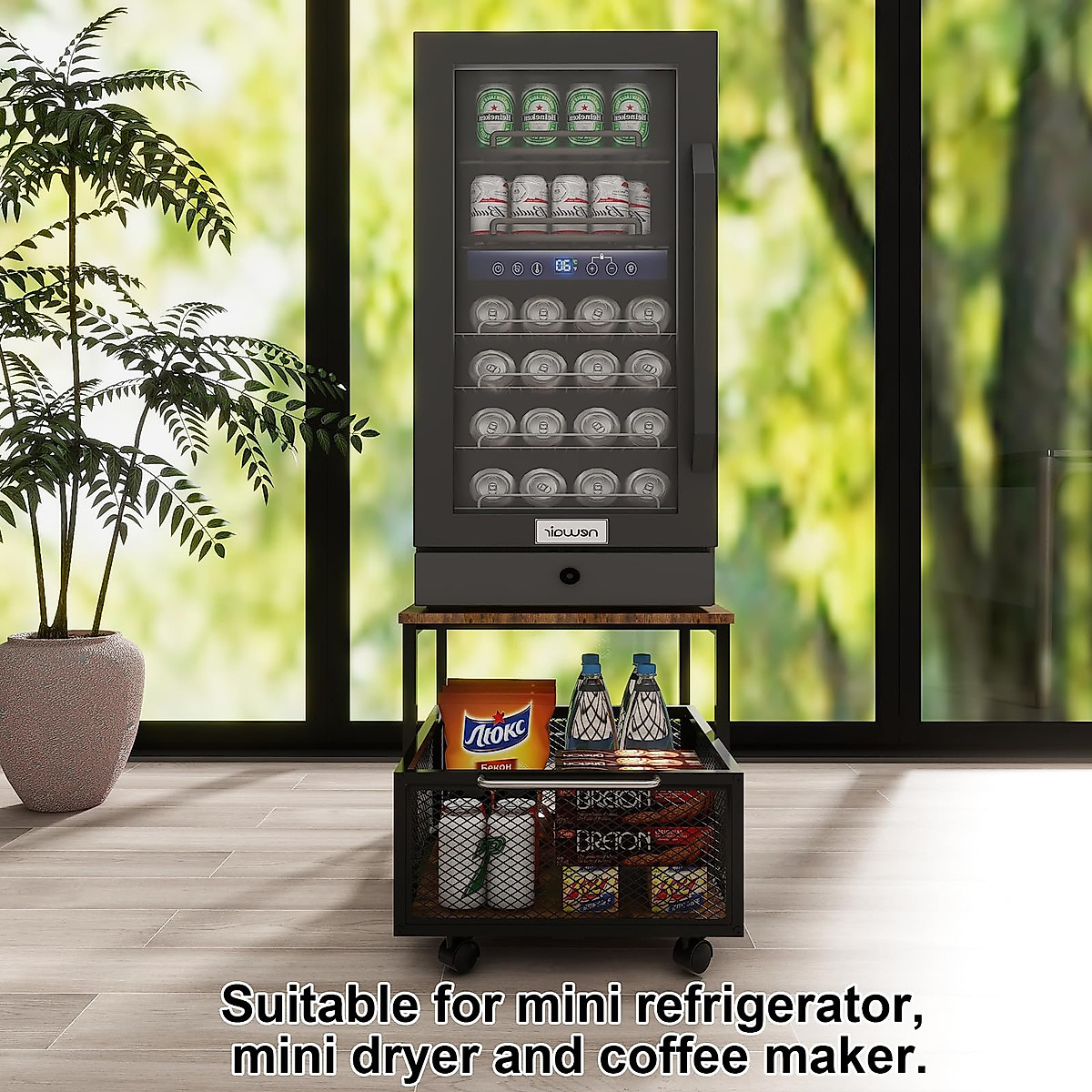 PUNCIA 19.7x23.6in Mini Fridge Stand with Large Capacity Storage Beverage Refrigerator Table with Lockable Wheel Mobile Compact Fridge Cart Heavy Duty Appliance Platform for Dorm, Apartment,Office