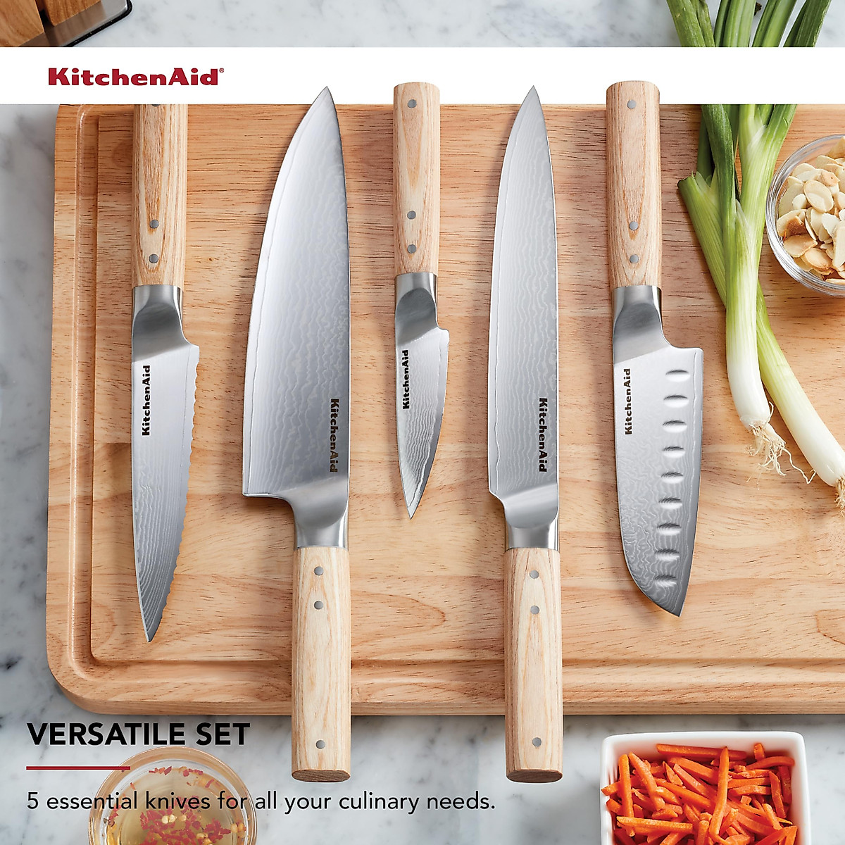 KitchenAid 6-Piece Ashwood Knife Block Set | Premium Damascus Steel Blades | Pakkawood Handles | Space-Saving Design | Includes Chef, Santoku, Slicing, Utility & Paring Knives | Kitchen Knife Set