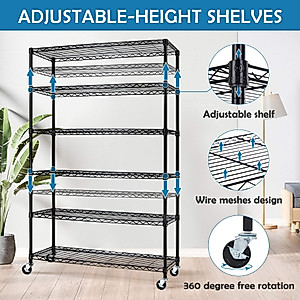 6 Tier Storage Shelves, 18" D x 48" W x 82" H Wire Rack Shelving, Shelving Units, Height Adjustable, Metal Storage Shelves, Wire Shelving, Shelving Units and Storage for Kitchen Garage Warehouse