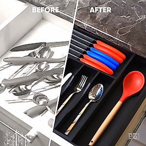 ENES-MM Bamboo Silverware Drawer Organizer Kitchen - Expandable Wood Utensil, Adjustable Cutlery Tray, Flatware Storage, Removable Knife Block and Dividers, Extra Gift Set Silicone Cooking Utensil