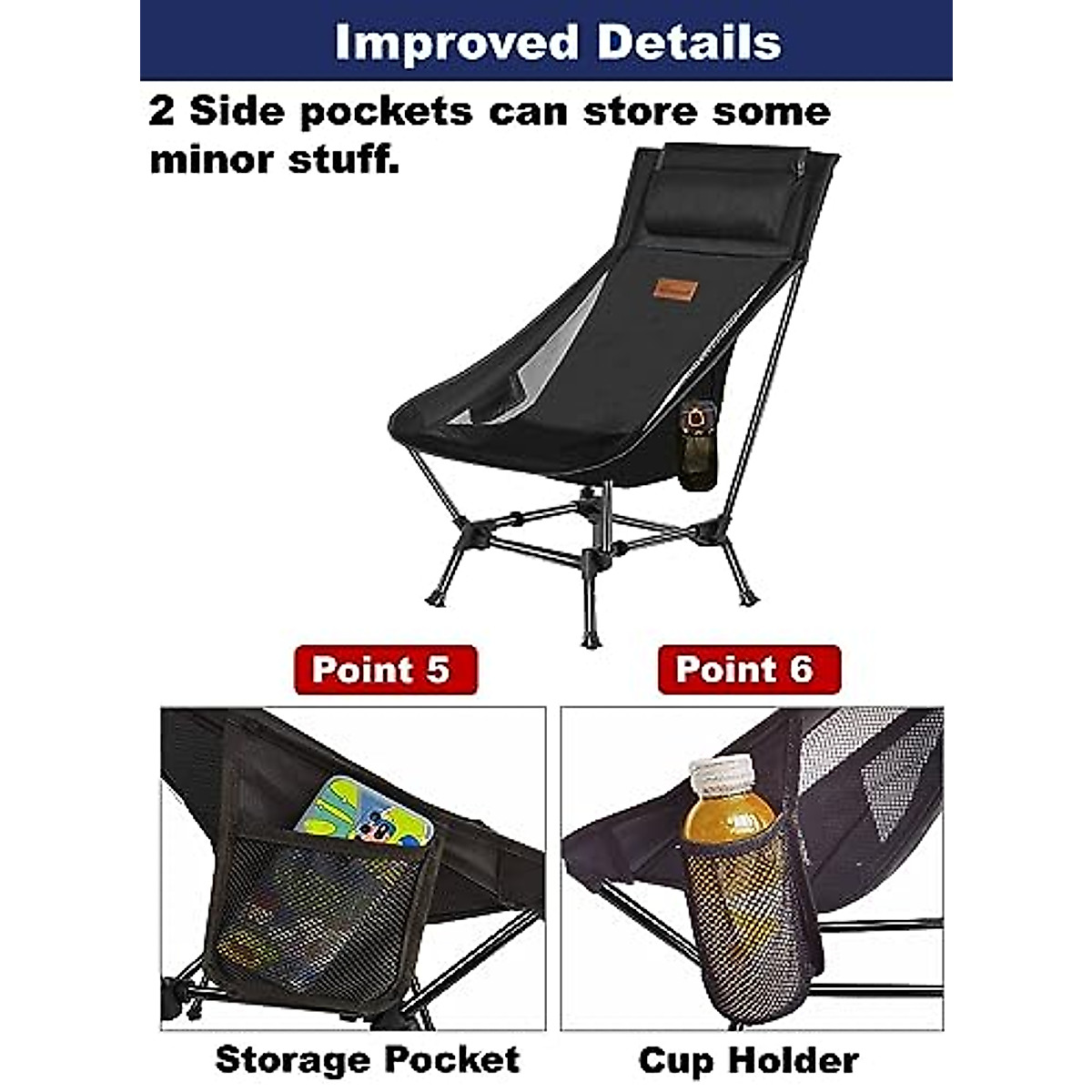 DRAXDOG Camping Chair, 2 Way Compact Backpacking Chair, Portable Folding Chair, Beach Chair with Side Pocket, Lightweight Hiking Chair 0011 (Black)