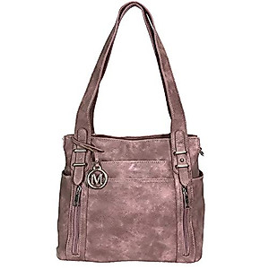 Zzfab Multi Pockets Double Handles Faux Leather Concealed Carry Purse with Hidden Locking Zipper Mauve