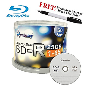 Smartbuy 50-disc 25GB 6X BD-R Blu-Ray Logo Top Blank Media Record Disc + Black Permanent Marker
