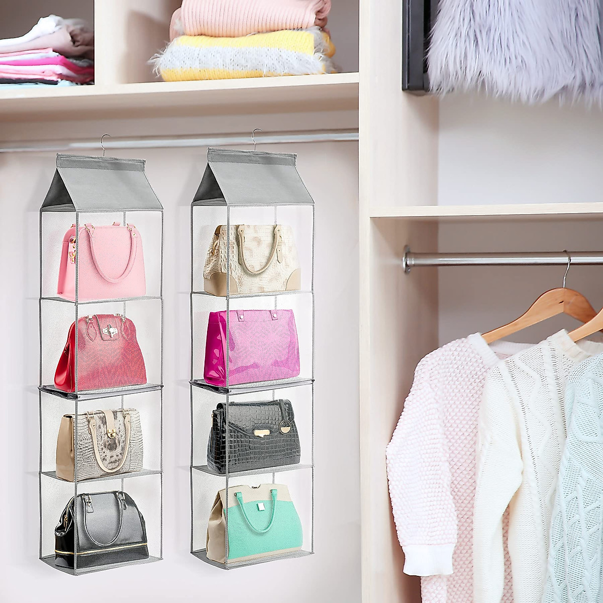 Febou 2 Pack Hanging Purse Organizer for Closet, Detachable Hanging Handbag Storage Purse Holder with 4 Mesh Shelves for Wardrobe Closet Purse Organizer (Grey)