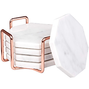 D'Eco White Carrara Marble Coasters & Rose Gold Coaster Holder (Set of 5)- Durable, Thick Coasters - Protects Any Table Type & Fits Any Coffee Mug, Drinking Glass, Barware- Holiday Idea