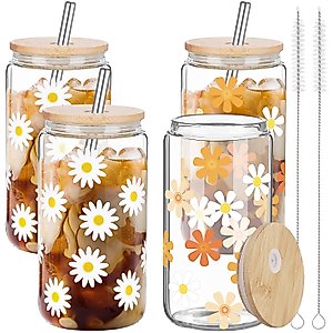 Nuenen 4 Pcs 16oz Daisy Flower Glass Cup with Lids and Straws Iced Coffee Glass Cup Cute Aesthetic Cups Glass Coffee Tumbler for Women Friend Her Birthday Gifts (Daisy)