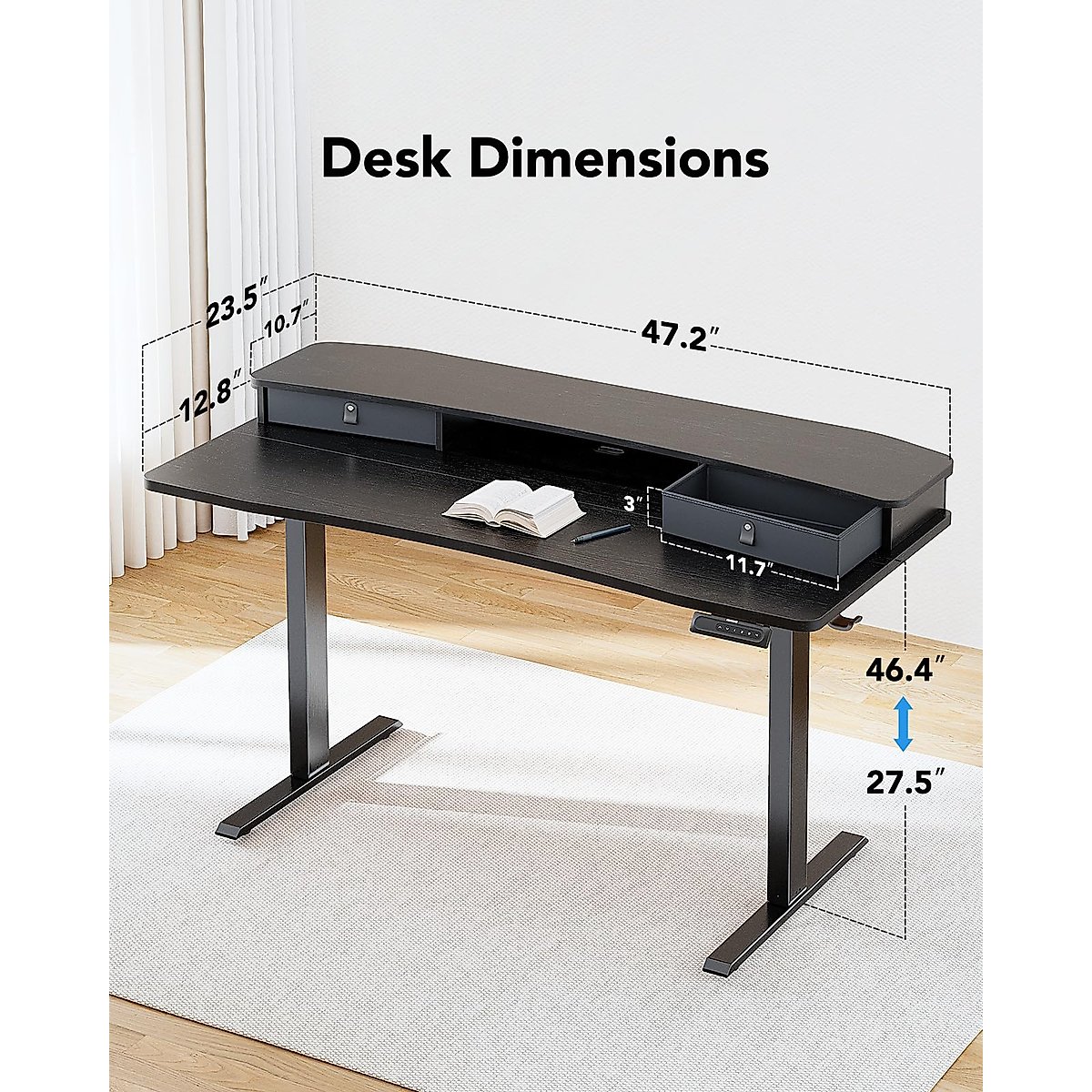 HUANUO 48″ x 24″ Electric Standing Desk with 2 Drawers, C-Clamp Mount Compatible, Height Adjustable Computer Desk, Home Office Stand Up Desk with 4 Preset Heights & 2 Hooks, Black