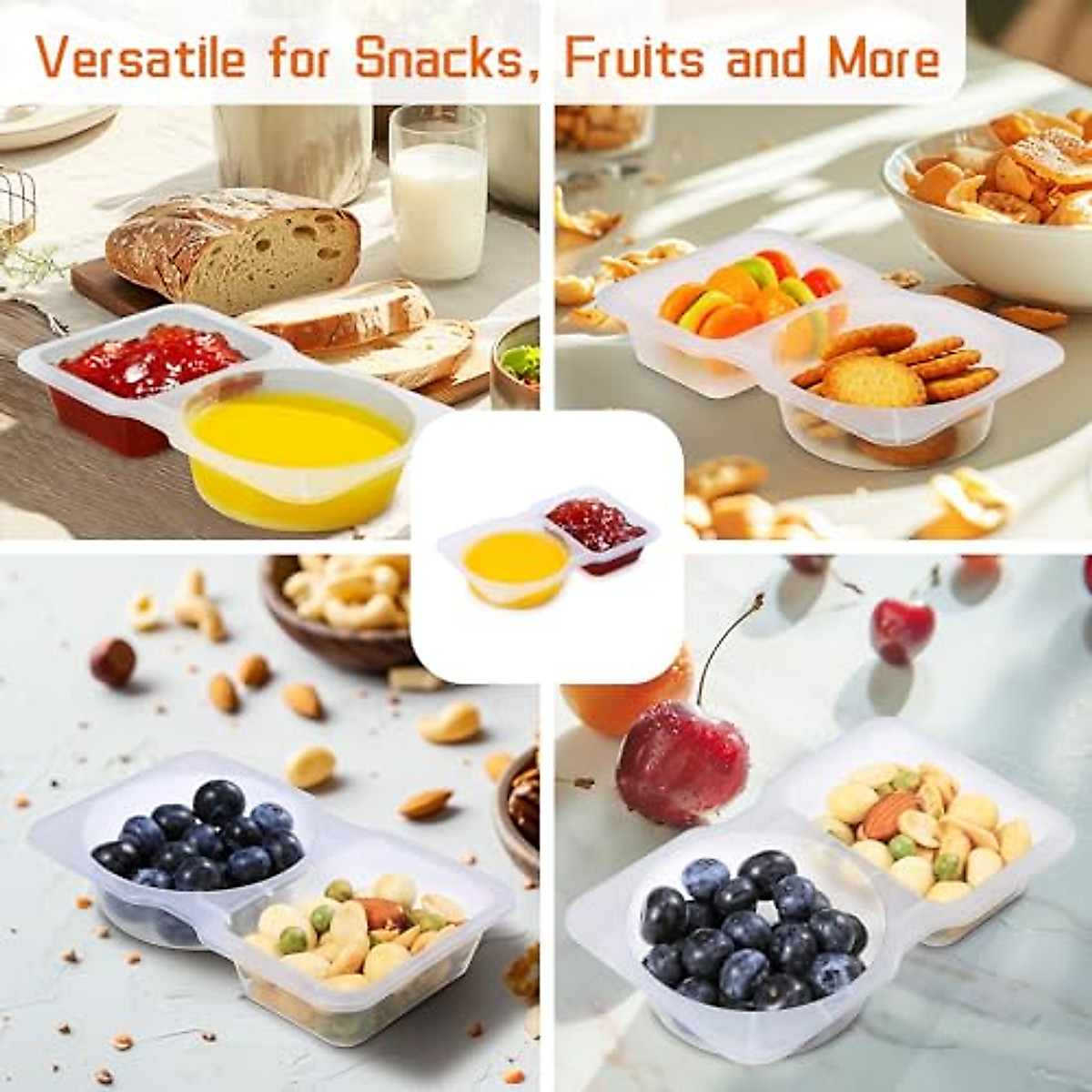 Vexulipro 15 PCS Divider Condiment Containers with Lids, Double Compartment Condiment Container, Dressing Containers with Lids, Small Plastic Containers with Lids, and Snack Containers