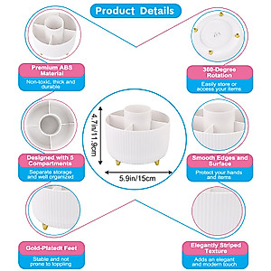 XHEHOY Pencil Pen Holder for Desk, 360 Degree Rotating Desk Organizers with 5 Slots, Cute Pen Cup for Office, School, Home and Art Supply, Desktop Storage Stationery Supplies Organizer, White