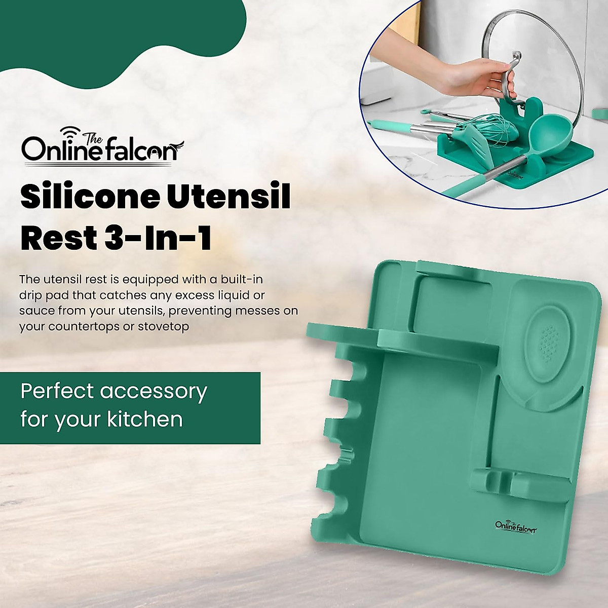 The Online Falcon Silicone Utensil Rest 3-In-1, Stovetop Organizer with Drip Pad, Heat Resistant, Spoon Rest with Ladle Holder for Stove, BPA Free, Grey