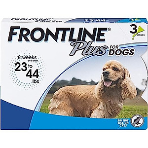 FRONTLINE Plus Flea and Tick Treatment for Medium Dogs Up to 23 to 44 lbs, 3 Treatments