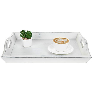 MyGift 16-Inch Vintage White Wood Large Serving Tray with Handles, Rectangular Ottoman Breakfast Tray