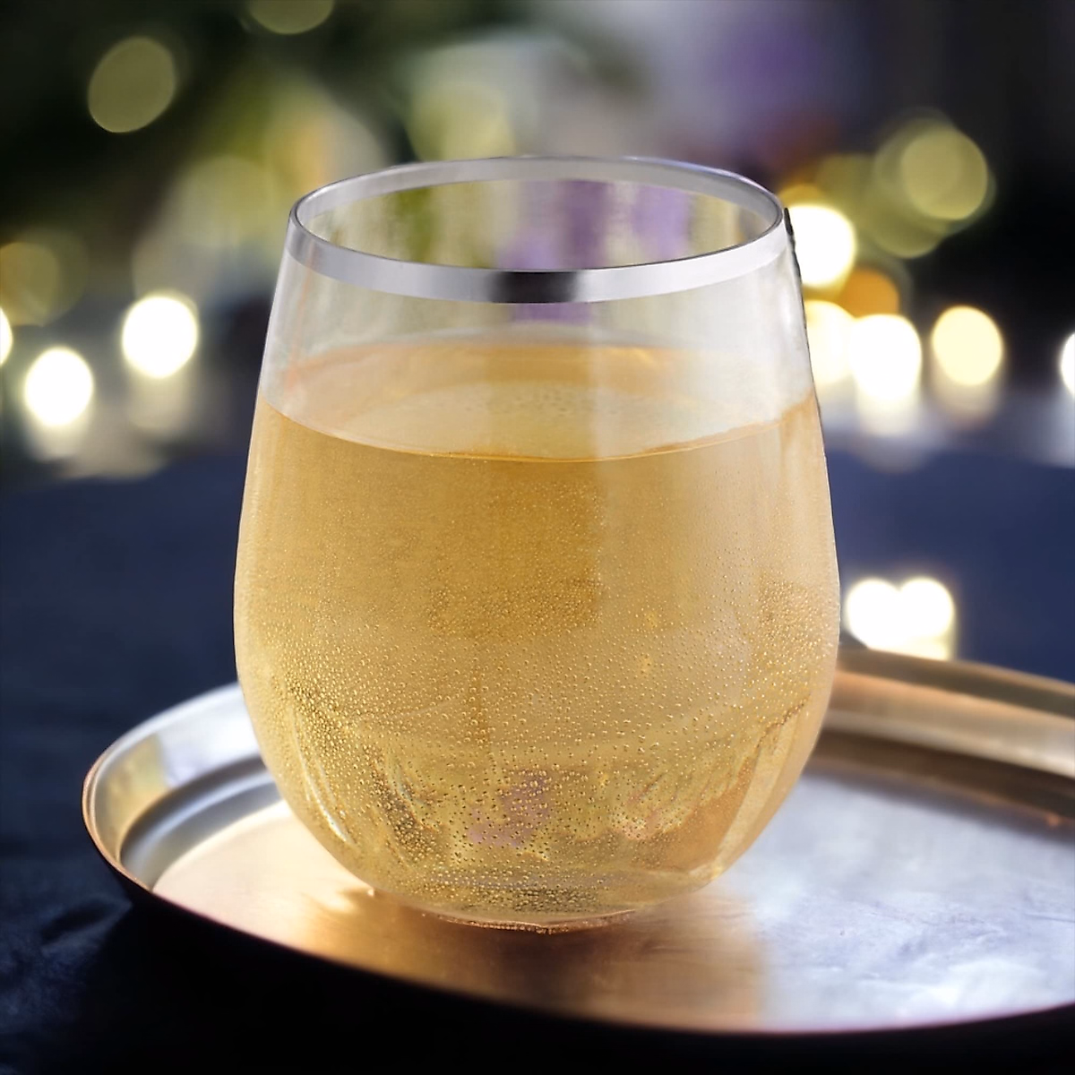 48 piece Stemless Unbreakable Crystal Clear Plastic Wine Glasses Set of 48 (10 Ounce - Silver Rim)