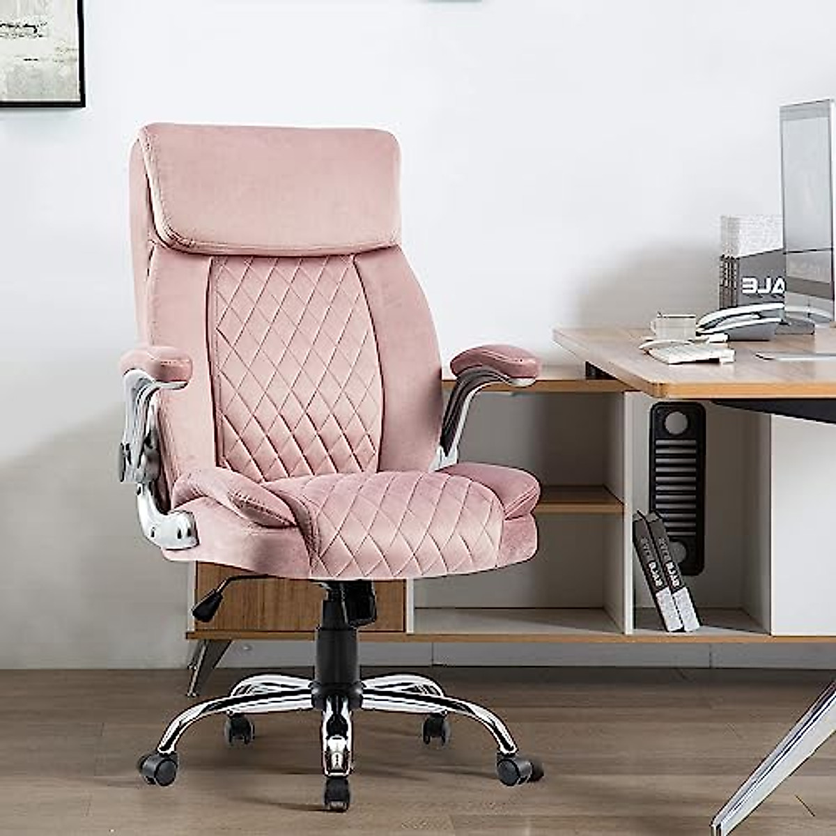 HOMYEDAMIC Velvet Ergonomic Office Chair, Adjustable Arms Wide Managerial Executive Home Desk Computer Chair Big and Tall with High Back Lumbar Support Wheels Comfortable (Pink)