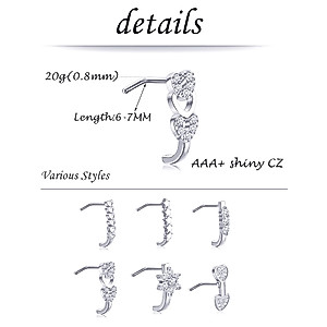 Akeoqi 6Pcs Nose Studs Nose Ring Inlaid Cubic Zirconia L Shaped Studs Lotus Star Heart Nose Nostril Piercing Jewelry for Women Men Sliver Tone 20G