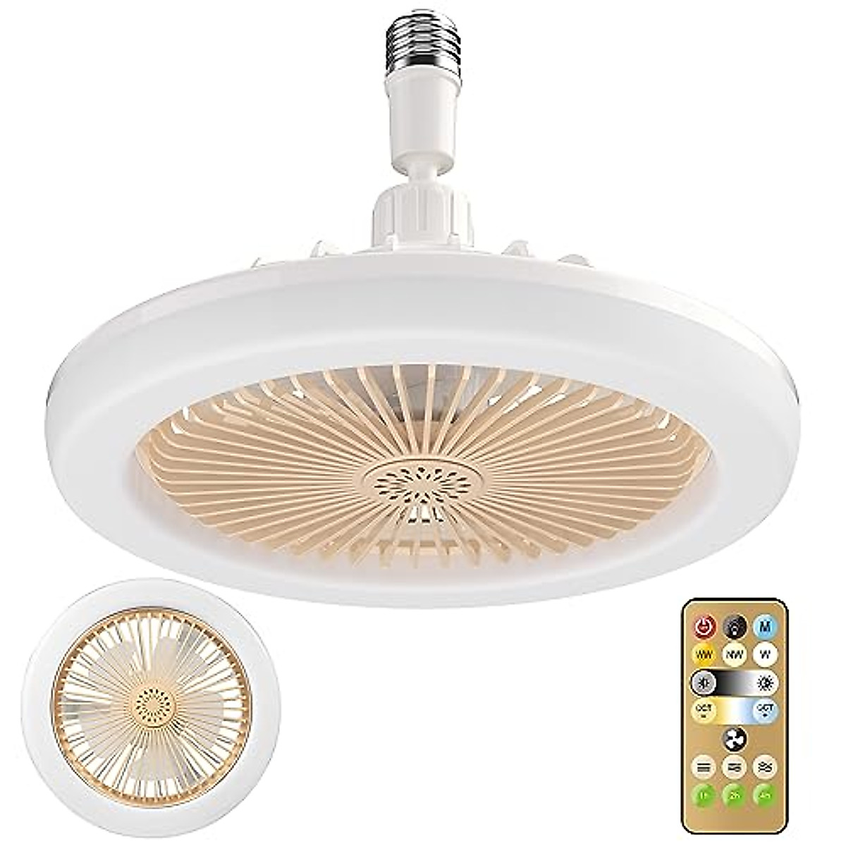 VONFAME Enclosed Ceiling Fan with Light and Remote Small 10-inch E27 Bladeless Ceiling Fans Dimmable LED Lights 3 Gear Wind Speeds Family Summer Gift for Garage Tool Room and Store Room(Yellow)