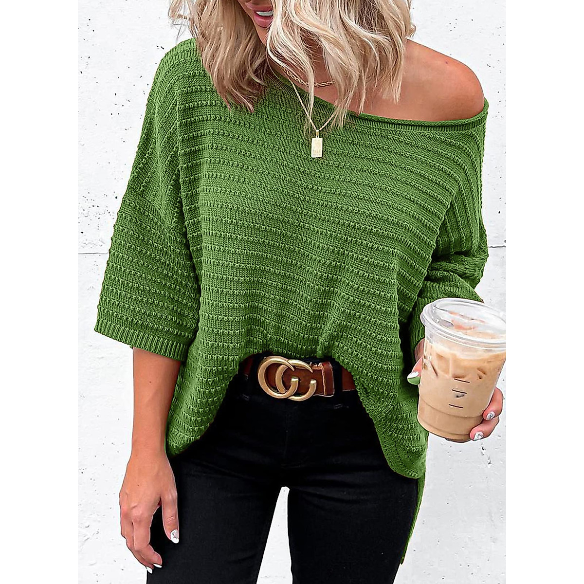 Dokotoo Womens Fashion Juniors Fall Summer Shirts and Blouses for Women 2024 Pullover Sweaters T-Shirts Off Shoulder 3/4 Sleeve Tunic Tops Loose Tee Shirts Light Green Medium