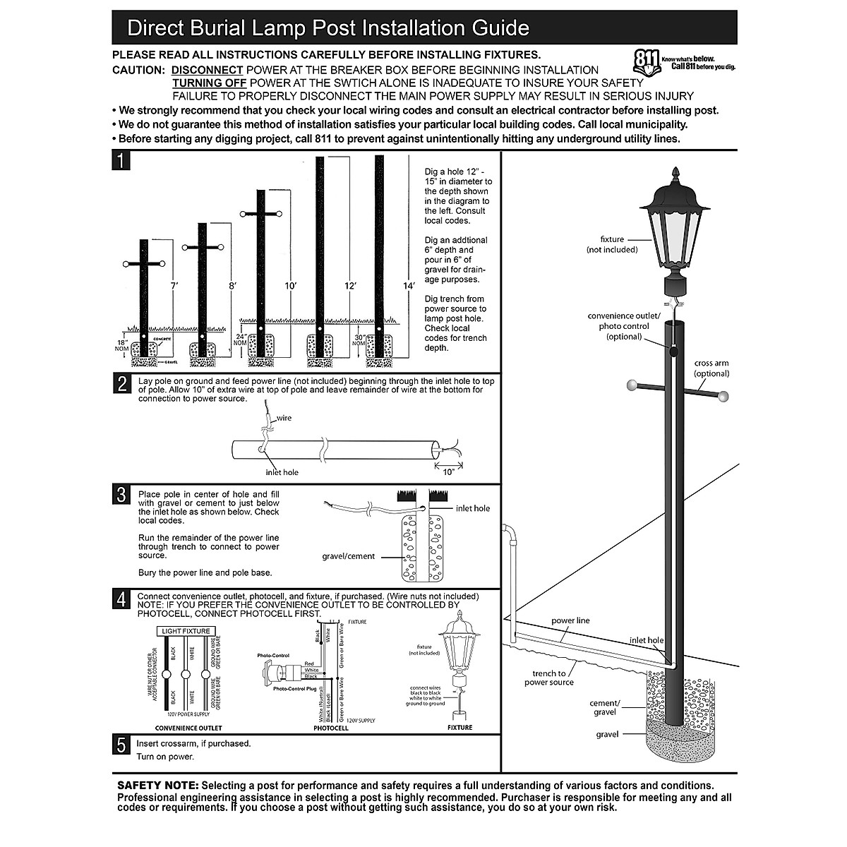 Solus SP7-NCA-BK 7' Outdoor Direct Burial Aluminum Lamp Post, Fits Most Standard 3" Post Top Fixtures, Includes Inlet Hole, Easy to Install, Corrosion & Weather Resistant, Black