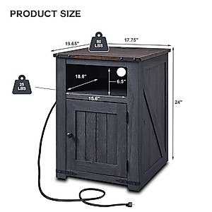 IFGET Farmhouse End Table with Charging Station, 20" Nightstand w/Groove Barn Door, Rustic Wood Bedside Table, Side Table with Storage w/Open & Adjustable Shelf for Bedroom, Living Room (Dark Grey)