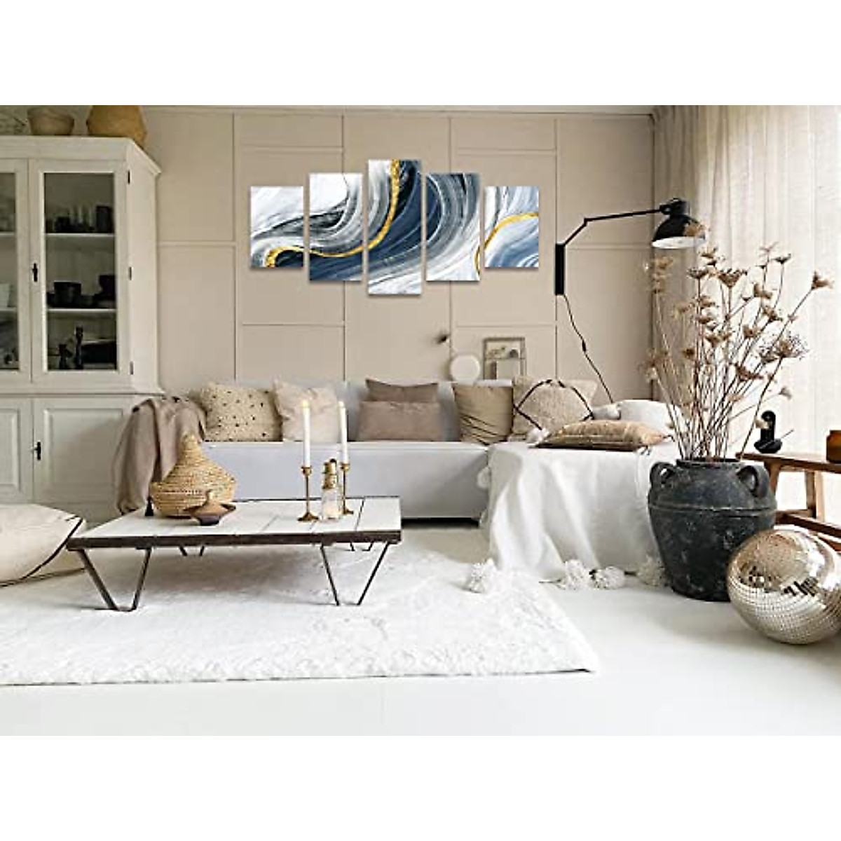 HW Hongwu Wall Art Canvas Abstract Print Picture 60x30 inch Blue Graffiti Paintings Gold Foil Line Artwork 5 Panels a Set for Living Room