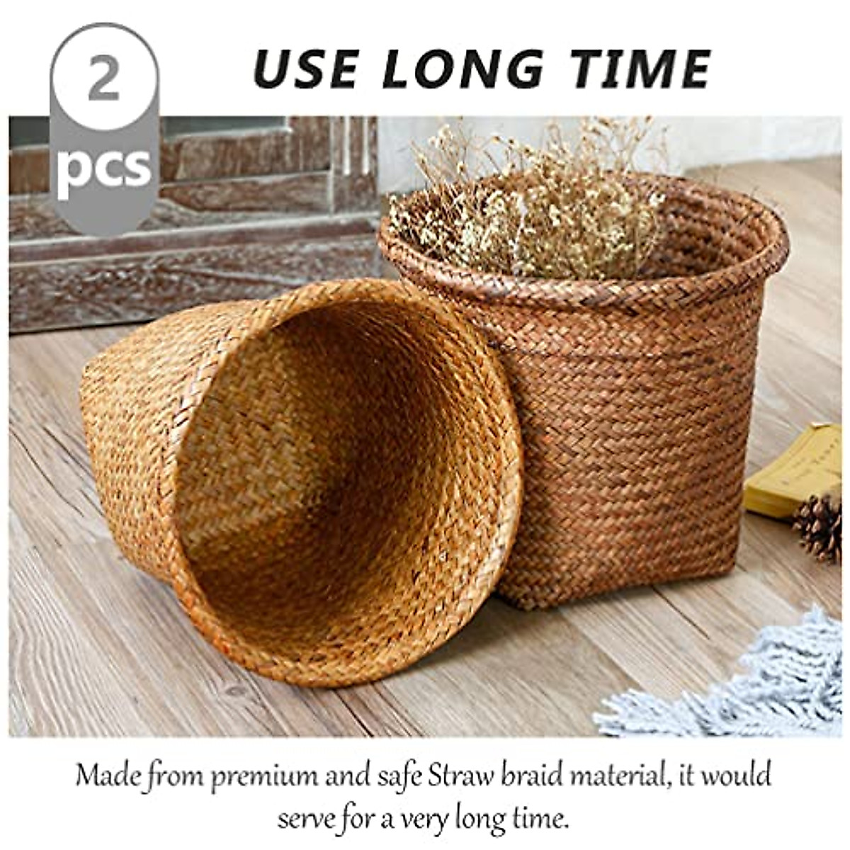 ARTIBETTER 2pcs Seagrass Waste Basket Woven Trash Can Garbage Container Bin Wicker Rattan Laundry Hamper Plant Pot Holder Sundries Storage Basket for Kitchen Bathroom Home Office