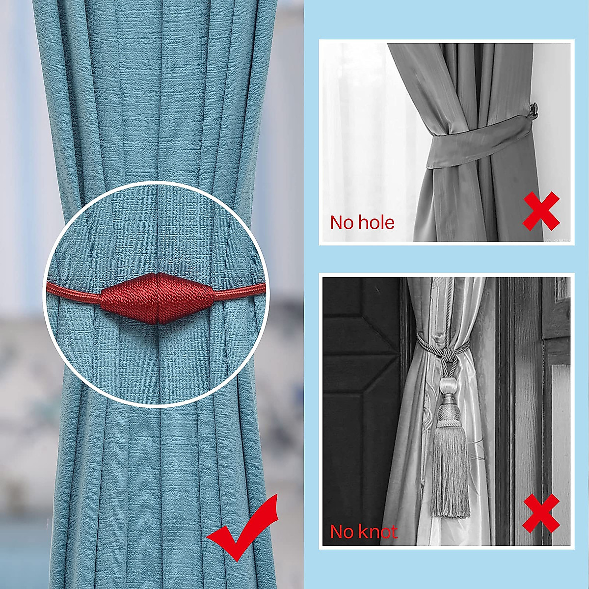 NICEEC 2 Pack Upgrade Magnetic Curtain Tiebacks 16 Inch Handmade Weave Rope Curtain Holdbacks Convenient Decorative Cone Curtain Drape Tie Backs for Home & Office Window Drapery (Red)