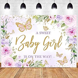 Wollmix Butterfly Baby Shower Decoration for Girl Backdrop 10x7ft A Sweet Baby Girl is on The Way Purple Florals Flowers Photography Background Gold Dots Princess Banner Photo Booth Supplies Props