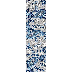 JONATHAN Y AMC102C-28 Julien Paisley High-Low Indoor Outdoor Area-Rug Bohemian Floral Easy-Cleaning High Traffic Bedroom Kitchen Backyard Patio Porch Non Shedding, 2 X 8, Blue/Light Gray