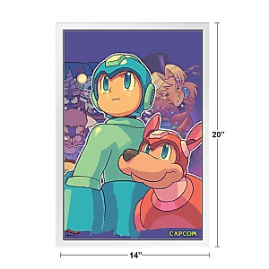 Mega Man Rush Dog Video Game Video Gamer Classic Retro Vintage 90s Gaming MegaMan Capcom Legacy Collection Megaman 11 Mega Man X Dr Wily White Wood Framed Poster 14x20