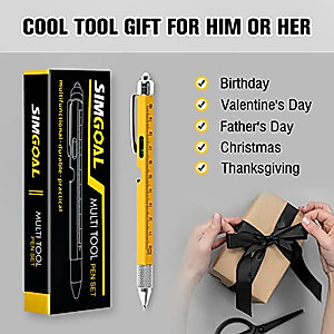 SIMGOAL 9 in 1 Multi-tool Pen-Yellow,Unique Gifts for Dad-Ruler, Level, LED Light, Ballpoint pen, Flat/Phillips Screwdriver, Bottle opener and stylus.